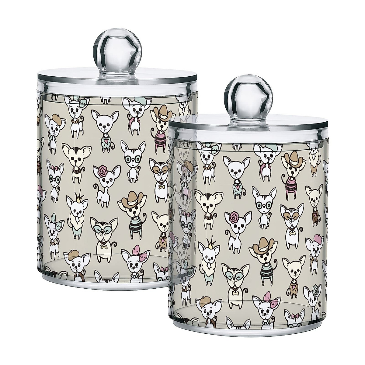 MCHIVER Chihuahua Dog Bathroom Canisters Organizer 2 Pack Clear Plastic Jars with Lids 10 Oz Bathroom Storage for Cotton Swab Ball Round Pads Floss