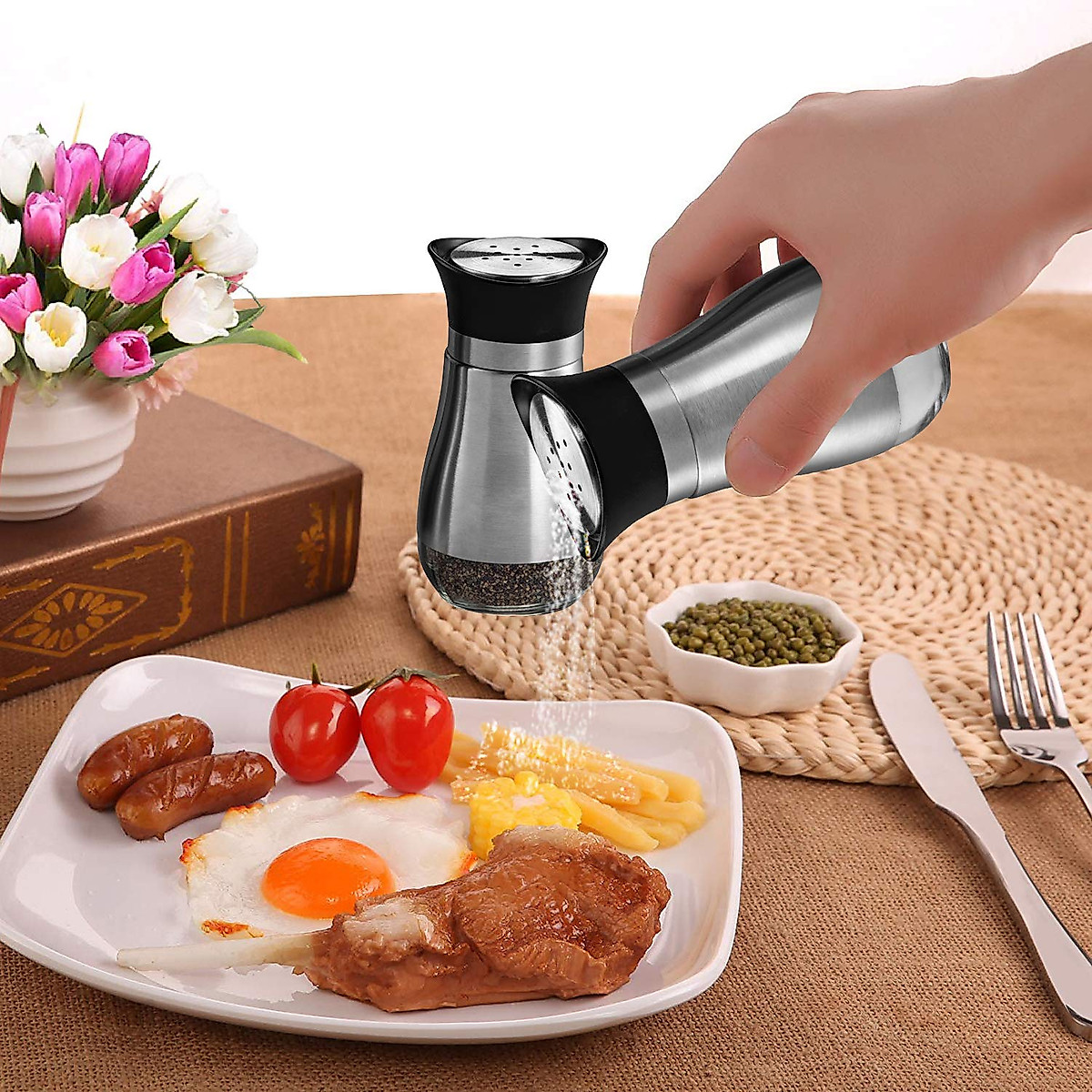 MITBAK Salt and Pepper Shakers (2-Pc. Set) Modern Stainless-Steel w/Clear Glass Bottom | Compact Cooking, Kitchen and Dining Room Use | Classic, Refillable Design (Black)