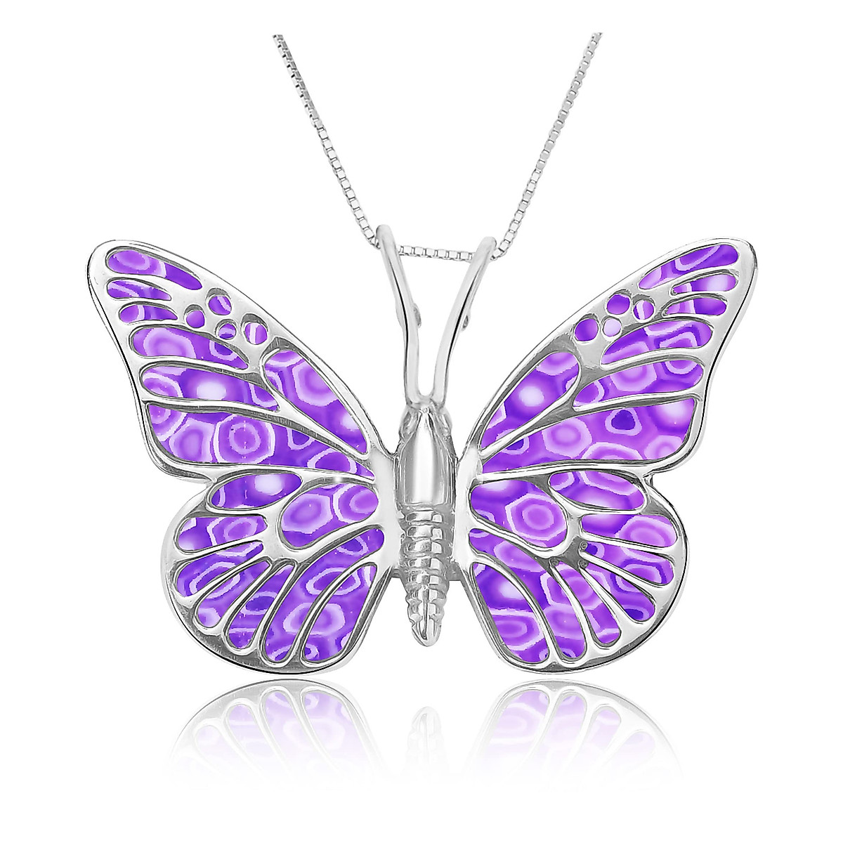 925 Sterling Silver Butterfly Necklace Pendant Purple Polymer Clay Handmade Jewelry, 16.5"