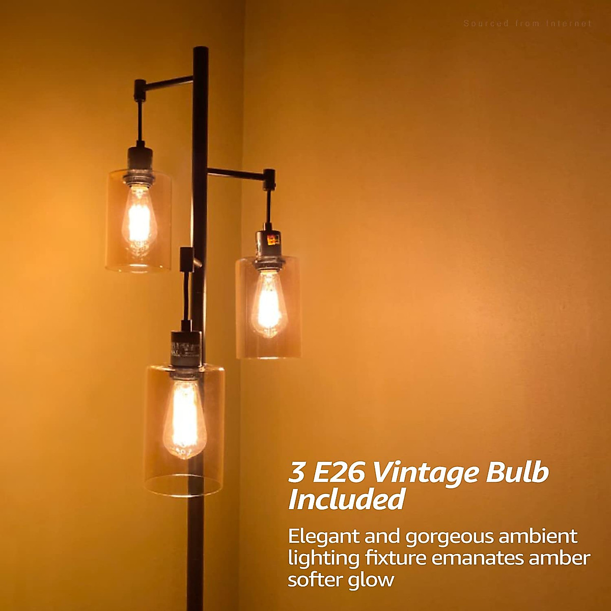 LEONLITE Farmhouse Floor Lamp for Living Room, Industrial Tree Standing Lamp with 3 Amber Glass Shades & Incandescent Bulbs, Rustic Vintage Tall Pole Light with Metal Base for Bedroom Office Study