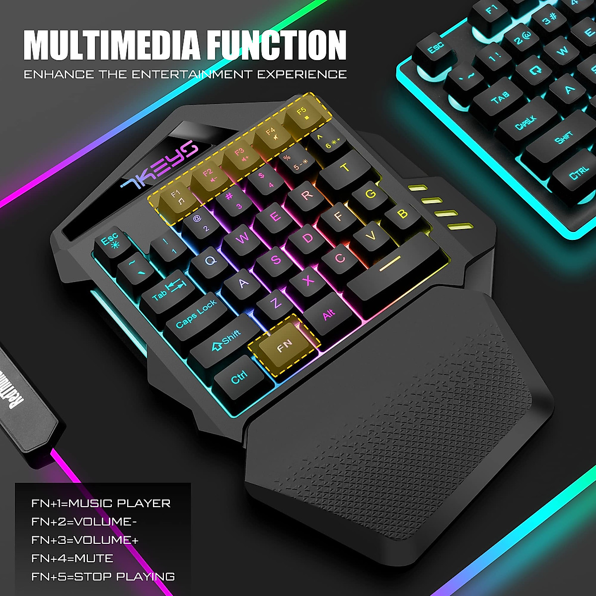7KEYS Wireless One Handed Gaming Keyboard, 2.4GHz Half Keyboard 35 Keys RGB Backlight, Comfortable Wrist Rest Teclado, Power Saving Keypad for PC Laptop
