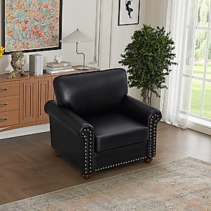 Moxoq Mid-Century Modern Faux Leather Living Room Sofa Set with Rivet Trim, Solid Wood Frame and Legs - Single, Double, Triple, 2+3 Seater, 1+2+3 Seater, 4 Color Options (Black, Single Sofa)