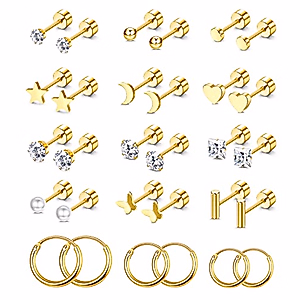 Florideco Small Tiny Stud Earrings for Women Men Hypoallergenic Flat Back Earrings 14K Gold Plated Surgical Stainless Steel Earrings Sets Screw Back Cartilage Earrings