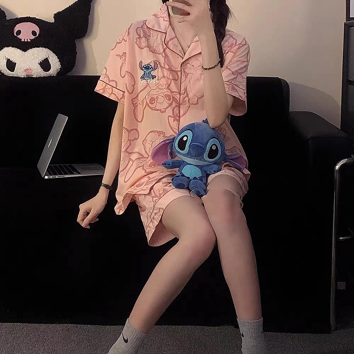 kwaya Women's Cotton Pajamas - 3Pcs Sets, Cute Cartoon Print Sleepwear - Soft Button Up Short Sleeve Shirt with Casual Long Pants & Short Lounge Sets Pink