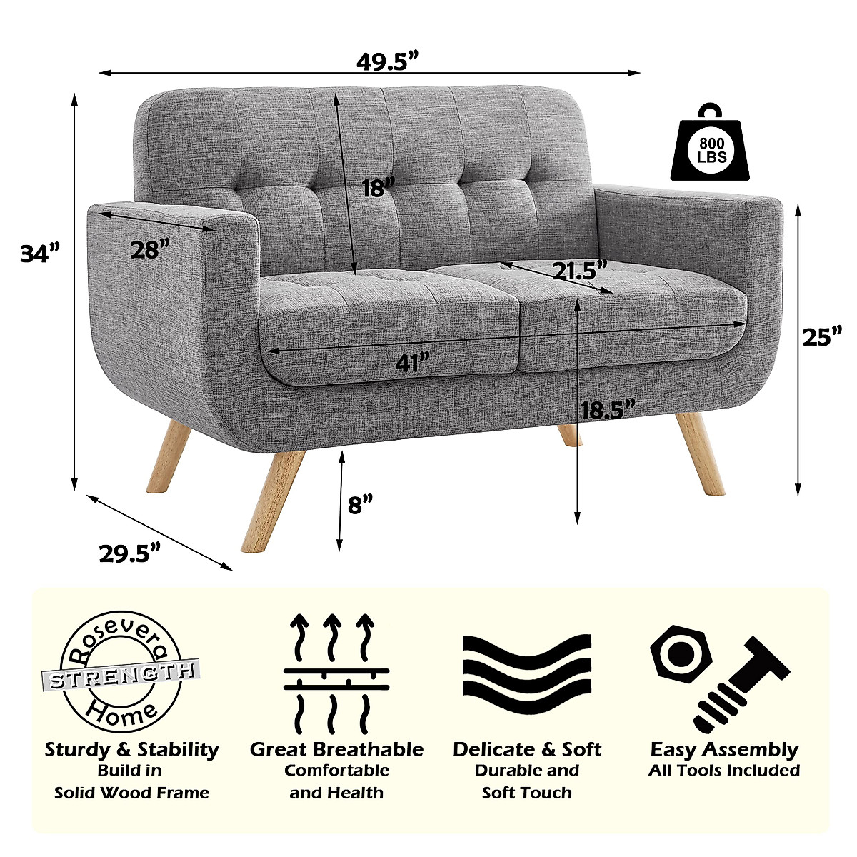 ROSEVERA Elena Contemporary Accent Armchair with Linen Upholstery Living Room Furniture, Gray