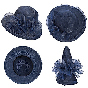 Women Organza Sun-Hats Wide-Brim Church-Hats for Tea Party Bridal Wedding Dress Hat Navy