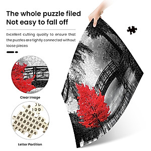 najiaxiaowu Adult Puzzle Classic Jigsaw Puzzle 1000 Pieces Wooden Puzzle DIY Black and White Bridge and Red Tree Modern Home Decor Intellectual Game Wall Art Unique Gift 75x50cm