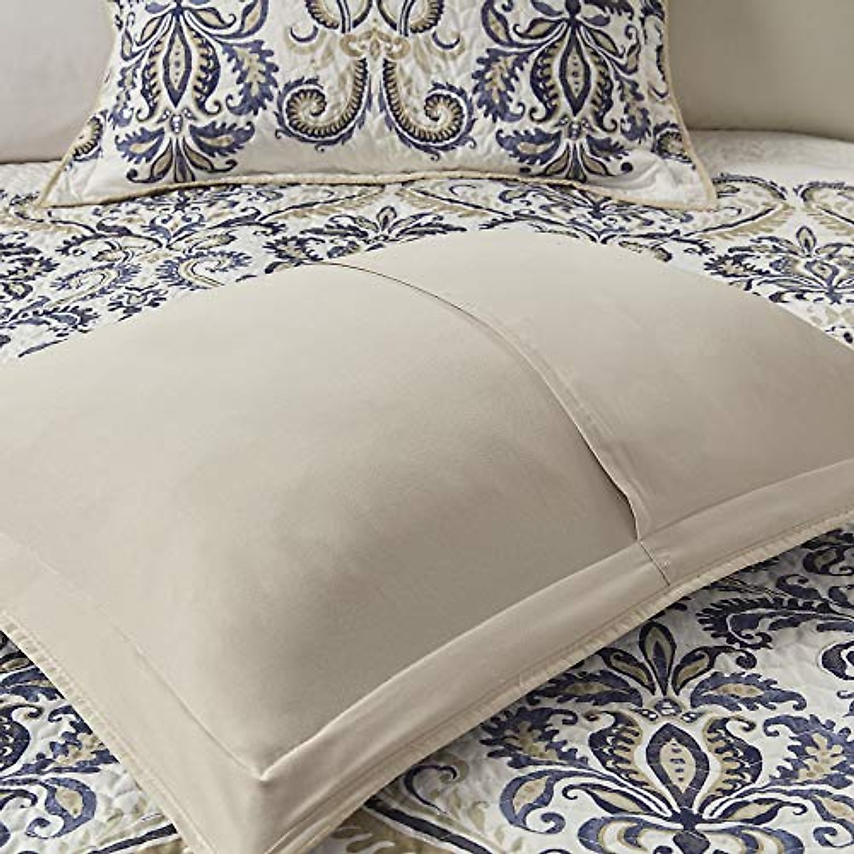 Madison Park Quilt Traditional Damask Design All Season, Lightweight Coverlet Bedspread Bedding Set, Matching Shams, Pillows, King/Cal King(104"x94"), Navy/White 6 Piece