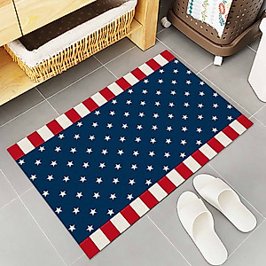July 4th Kitchen Rugs Sets 2 Pcs Floor Mats Independence Day USA Flag Stars Stripe Red White and Blue Doormat Non-Slip Rubber Backing Area Rugs Carpet Inside Door Mat Pad Sets-16"x 24"+16"x47"
