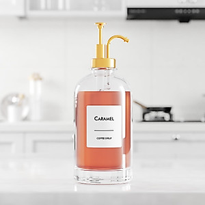 Coffee Syrup Dispenser Set - 2 Glass Bottles with Gold Pumper and Syrup Labels - Precise Dispensing and Stylish Addition to Coffee Shop, Cafe or Home Bar