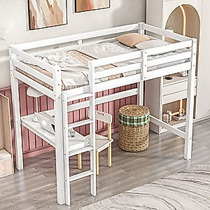 HomSof Twin Loft Bed with Built-in Desk,White