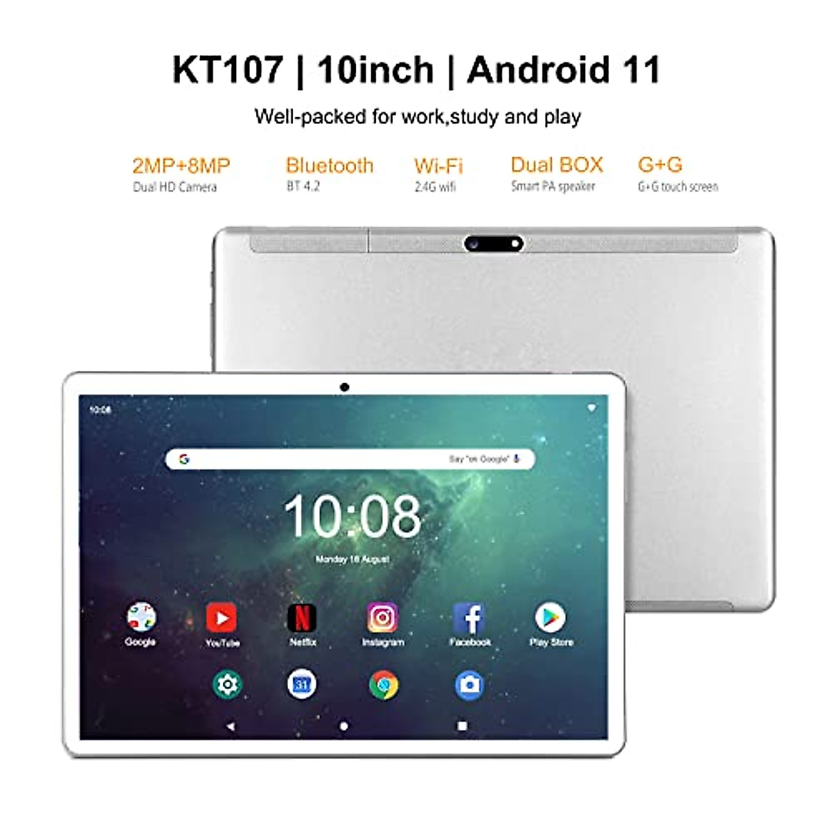 10 Inch Android 11 Tablet pc, 4 RAM 64GB ROM 128GB Expand, IPS HD,2.5D G+G Touch Screen,Google Certificated Wi-Fi Tablets,5MP Camera,Long Battery Life,Sliver-(Comes with Leather case) Silver…