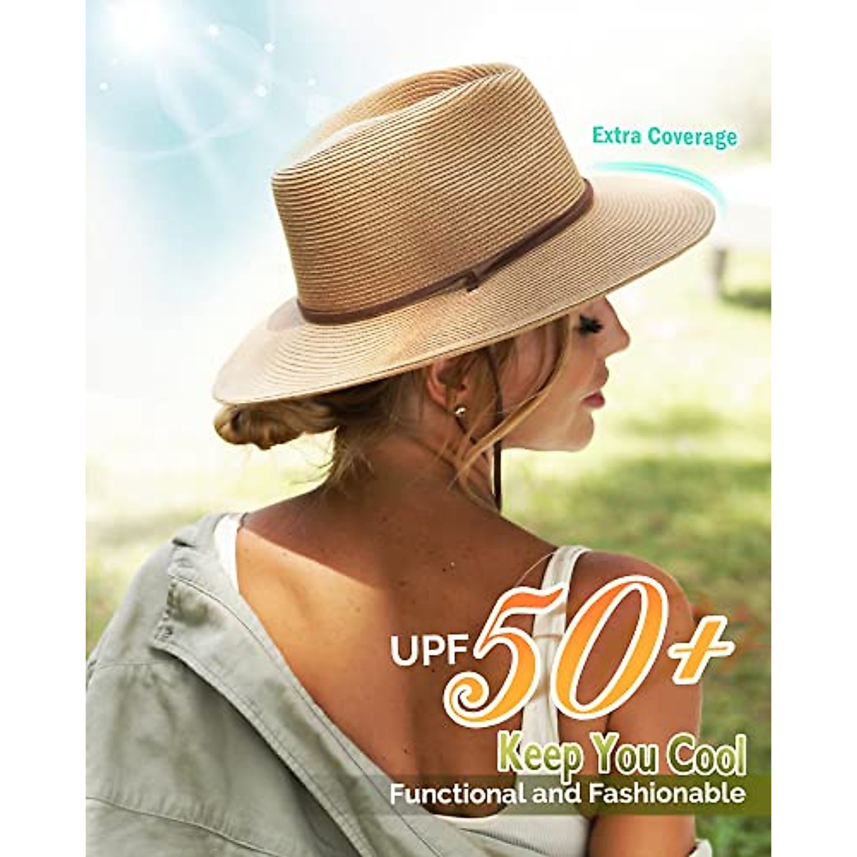 FURTALK Womens Summer Straw Sun Hats Wide Brim Panama Fedora Beach Hat with Wind Lanyard UPF 50+ Khaki