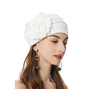 ZLYC Women Turban Beanie Hat with Flower Chemo Headwear Elastic Head Wrap Cap (Floral White)