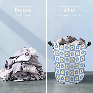 17.3 Inches Laundry Basket, Waterproof Collapsible Storage Basket, Round Dirty Clothes Hamper with Handles for Bedroom Room Toy Storage (Checkered Groovy Smiling Flowers)