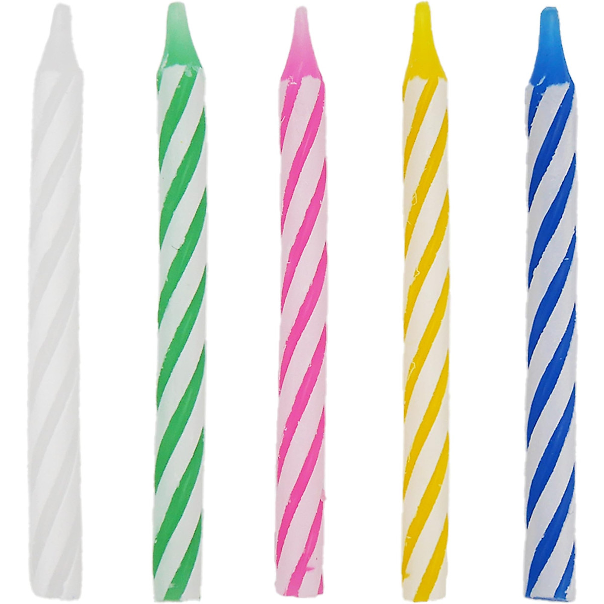 Mighty Merchandise Unscented Traditional Birthday Candles (Pack of 144) - Yellow, Blue, Pink, Green and White Stripped Colors - 4 Boxes of 36