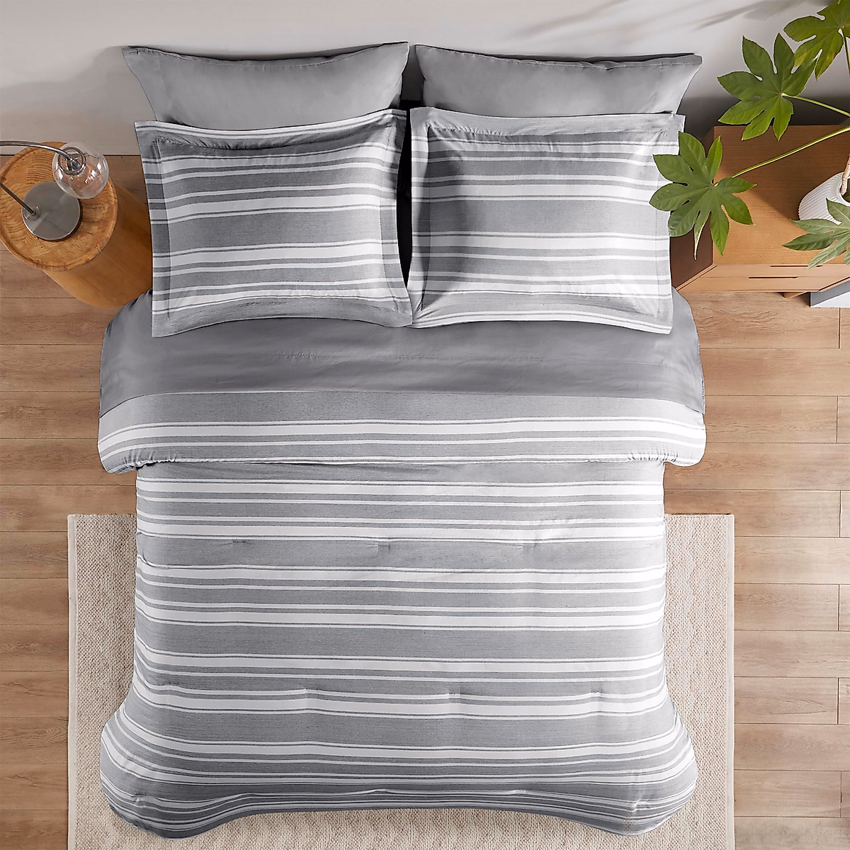 Queen Size Bed in a Bag, Full Bedding Sets, Modern Farmhouse Grey and White Striped Comforter with Sheets, 7-Piece Complete Bedroom Set