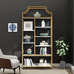 Loomie 8-Open Shelf Bookshelf, 70.87" H x 31.5" L Lux Etagere Bookcase, Tall Storage Display Modern Open Book Case for Bedroom, Home Office & Living Room, Gold Finish Metal Frame & White Shelving