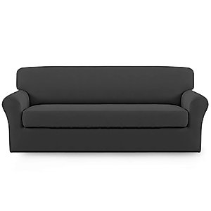 Easy-Going 2 Pieces Microfiber Stretch Sofa Slipcover – Spandex Soft Fitted Sofa Couch Cover, Washable Furniture Protector with Elastic Bottom Kids,Pet （Sofa, Dark Gray）