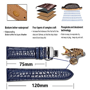 Moran Quick Release Alligator Leather Watch Band Deployment Butterfly Buckle 18mm 19mm 20mm 21mm 22mm 24mm Replacement Genuine Crocodile Leather Loop SmartWatch Strap for Men Women