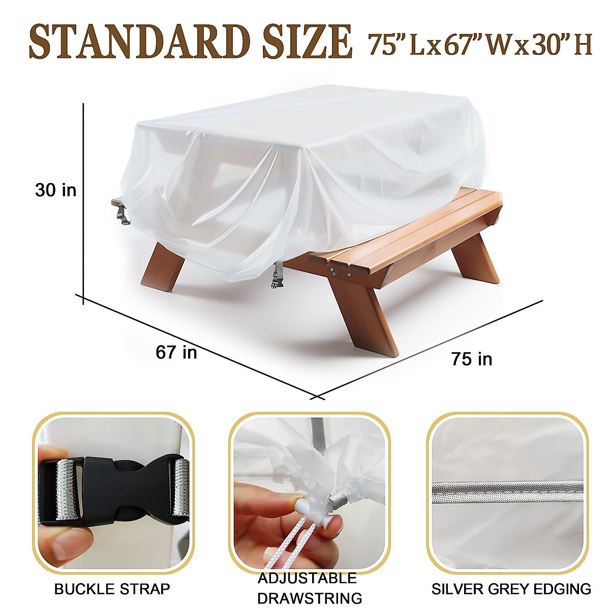 IndigoTempest9 Waterproof Picnic Table Cover for Outdoors,Plastic Cover,Frosted PVC Outdoors Furniture Covers for 6 ft Picnic Table Bench Set,75” L x 67” W x 30” H