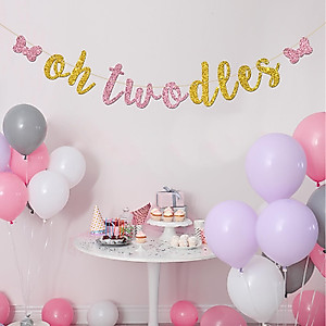 INNORU Oh Twodles Banner - Happy 2nd Birthday Party Decor for Girls - Cartoon Mouse Theme 2nd Birthday Party Decorations Supplies, Pink & Gold Glitter