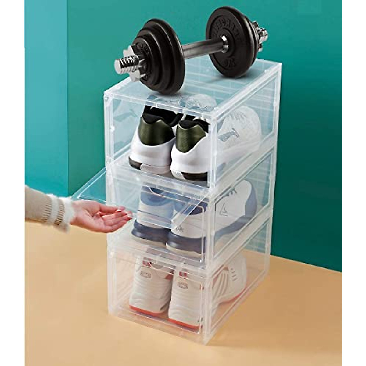 Clear Shoe Box, Set Of 6, Stackable Plastic Acrylic Boxes, Drop Front Shoe Holder Cubby Storage Cube Organizer Containers For Closet Men/women Large High Top 13.4”x 9.8”x 7.2'', Cajas Para Zapatos