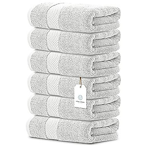 White Classic Luxury Hand Towels | 6 Pack Luxury Cotton Washcloths | 12 Pack Bundle (Silver)