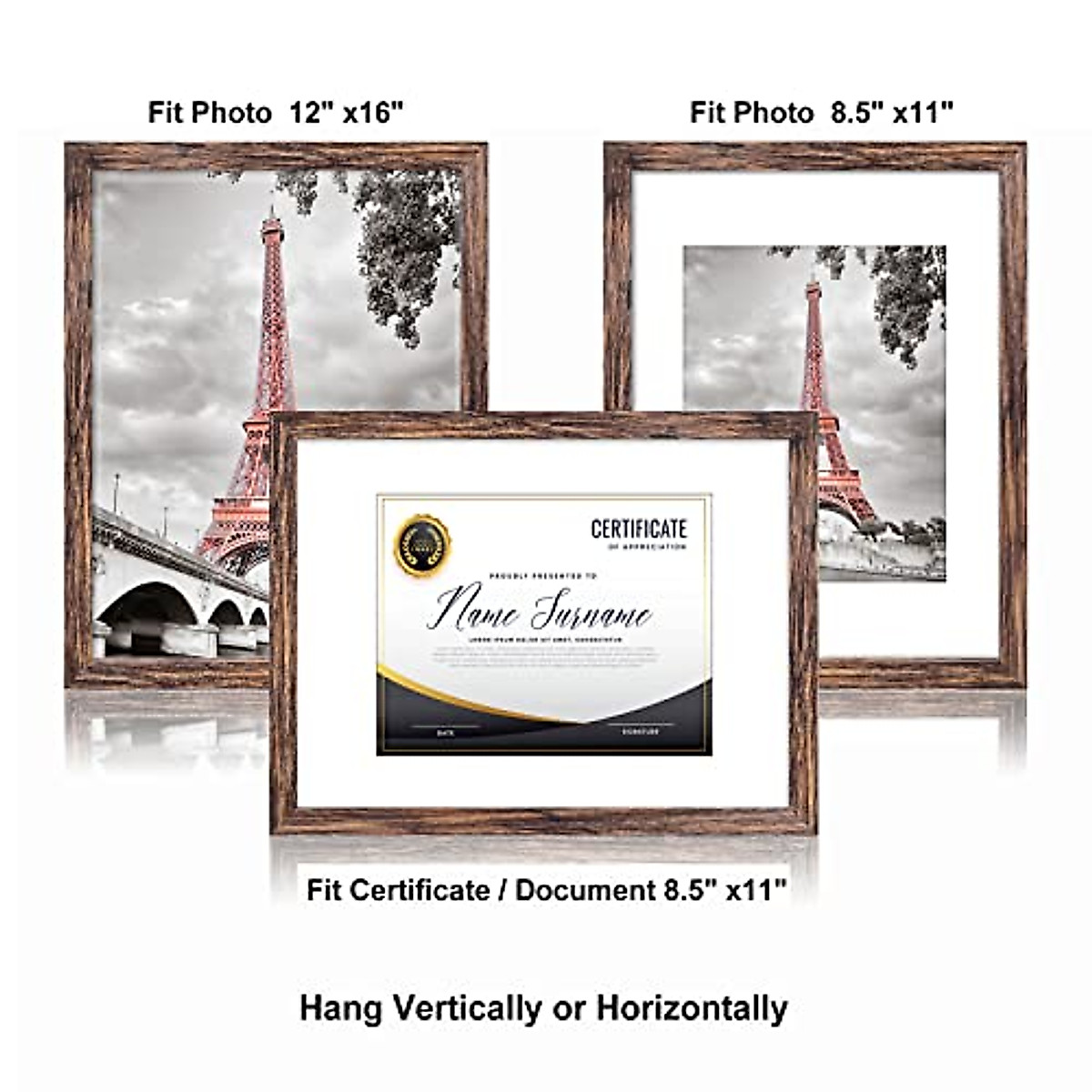 Luxdart 12x16 frame Dark Walnut Made of Solid Wood Display Pictures 8.5x11 with Mat or 12x16 without Mat, Farmhouse Distressed 12x16 Picture frames for Wall Mounting