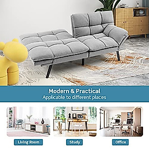 KOMFOTT Futon Sofa Bed, Linen Fabric Memory Foam Convertible Futon Couch with Adjustable Backrest & Armrests, Metal Legs, Modern Loveseat Sleeper Bed Split-Back Sofa for Small Apartment & Office