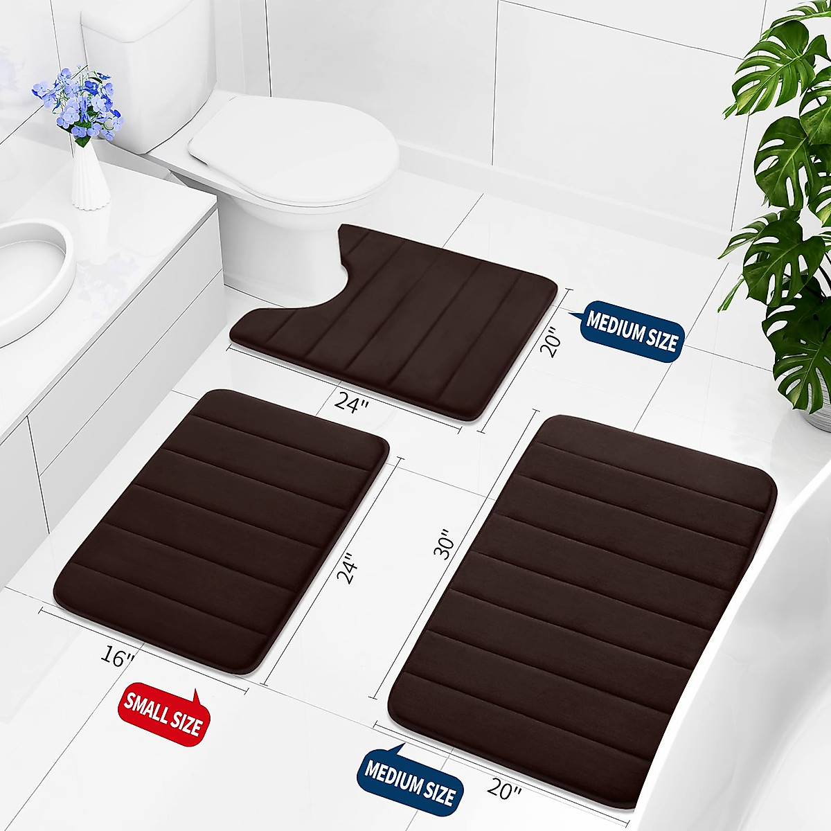 Buganda Memory Foam 3 Pieces Bathroom Rugs Set - Thick Soft Absorbent Non-Slip Bath Mats, Washable Small/Large/Contour Bath Rugs (24" x 16" + 30" x 20" + 24" x 20", Coffee)