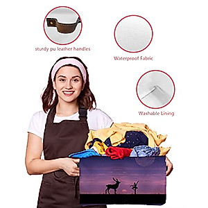1 Pack Forest Deer Cube Storage Organizer Bins with Handles,Collapsible Canvas Cloth Fabric Storage Basket,Wild Purple Starry Sky Sunset Dancing Women Books Kids' Toys Bin Boxes for Shelves,Closet