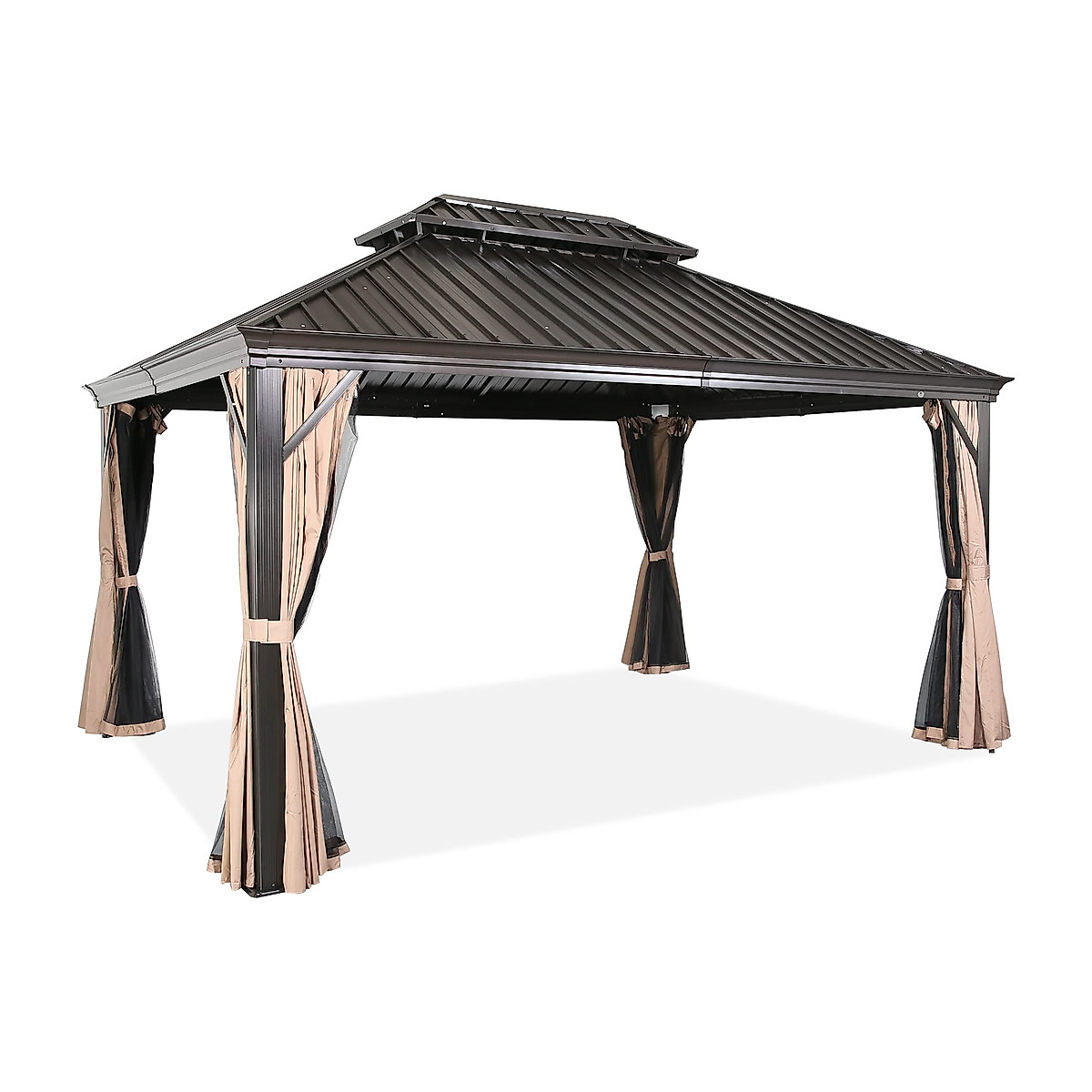 10'x12' Hardtop Gazebo, Outdoor Aluminum Permanent Pavilion Gazebo with Curtains and Netting, Brown Galvanized Steel Metal Double Roof Canopy Gazebo and Aluminum Frame for Patios, Gardens, Lawns