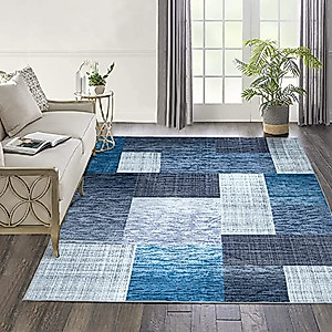 RUGSREAL Washable Area Rug for Living Room Contemporary Tile Trellis Floorcover Indoor Carpet Geometric Boho Trellis Distressed Accent Area Rugs for Bedroom, Home Office, Blue, 5 x 7 Feet