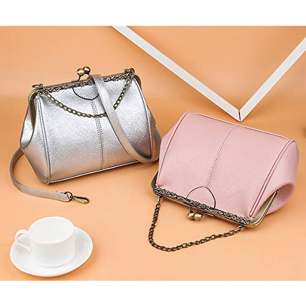 Segater Women Small Retro Kiss Lock Handbag and Purses PU Leather Hollow Tote Shoulder Bag Satchels with Chain Silver