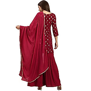 Janasya Indian Women's Maroon Rayon Kurti With Sharara And Dupatta(SET322-KR-SHA-XS)