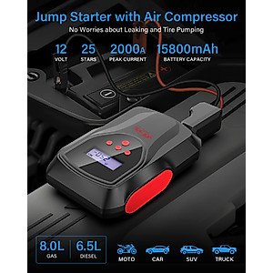 FORYOU Car Jump Starter with Air Compressor, 2000A 12-Volt Jumper Cables Jump Starter Box Car Battery Booster Pack (Up to 6-Liter Gasoline and 3-Liter Diesel Engines) Digital Screen(Black Red)