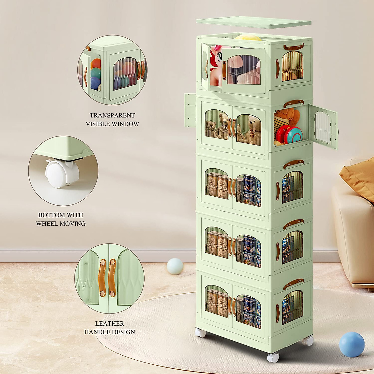 EHAMILY Stackable Storage Bins with 1 Lid Set 5 Tier,8.4 Gal Clear Plastic Folding Storage Box with Wheel and Door,Large Foldable Cabinet Collapsible Bin for Closet Organizer,Clothes,Green