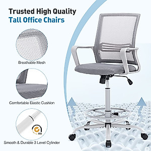 JHK Tall Drafting Home Office Computer Standing Desk Chair with Adjustable Foot Ring and Breathable Mesh, Ergonomic Lumbar Support Armrest, Grey