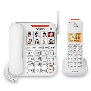VTech SN5147 Amplified Corded/Cordless Senior Phone with Answering Machine, Call Blocking, 90dB Extra-loud Visual Ringer, One-touch Audio Assist on Handset up to 50dB, White