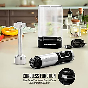 OVENTE Electric Cordless Immersion Hand Blender 200 Watt 8-Mixing Speed with Stainless Steel Blades, Heavy-Duty Portable & Rechargeable Perfect for Smoothies, Puree Baby Food & Soup, Black HR981B