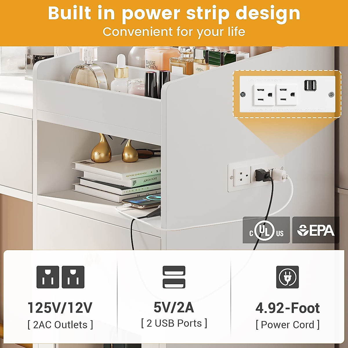 VIAGDO White Vanity Desk with Mirror and Lights, Makeup Vanity with Charging Station & 3 Storage Compartments, Makeup Desk with Drawers and Open Storage Shelves, Bedroom Dressing Table