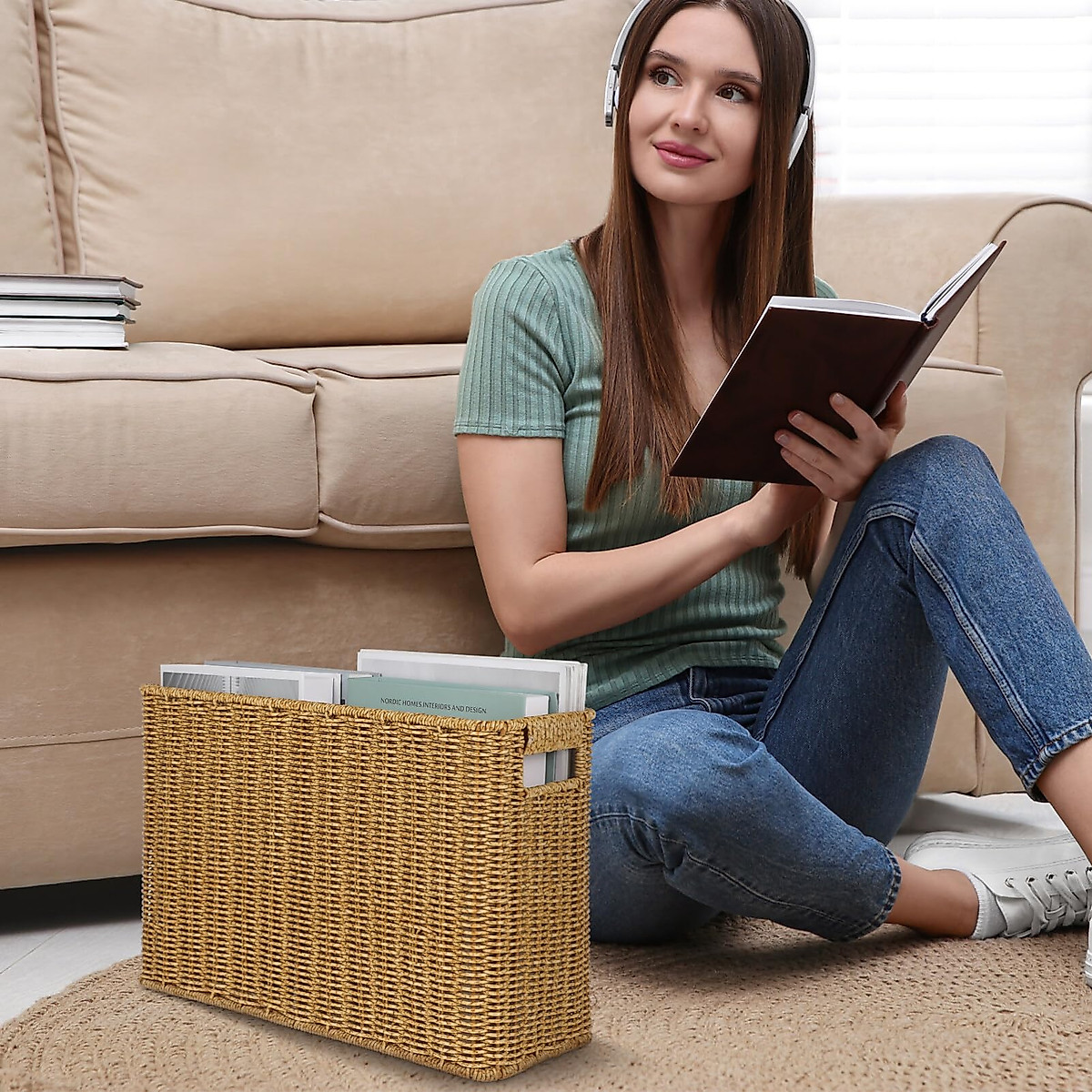 STOBAZA Woven Basket with Handles Magazine Book Storage Basket Bin for Home Office, Handwoven Narrow Basket for Books, Newspaper, File and Mail - 38.00X26.00X15.00CM