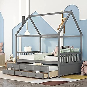 BIADNBZ Full Size House Bed Frame with Trundle, Storage Drawers and Roof for Kids Girls Boys Bedroom, Gray