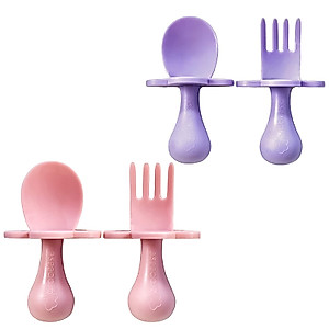 GRABEASE Bundle of 2 First Self Feed Baby Utensils with a Togo Pouch - Anti-Choke, BPA-Free Baby Spoon and Fork Toddler Utensils for Led Weaning Ages 6 Months+ Lavender and Blush