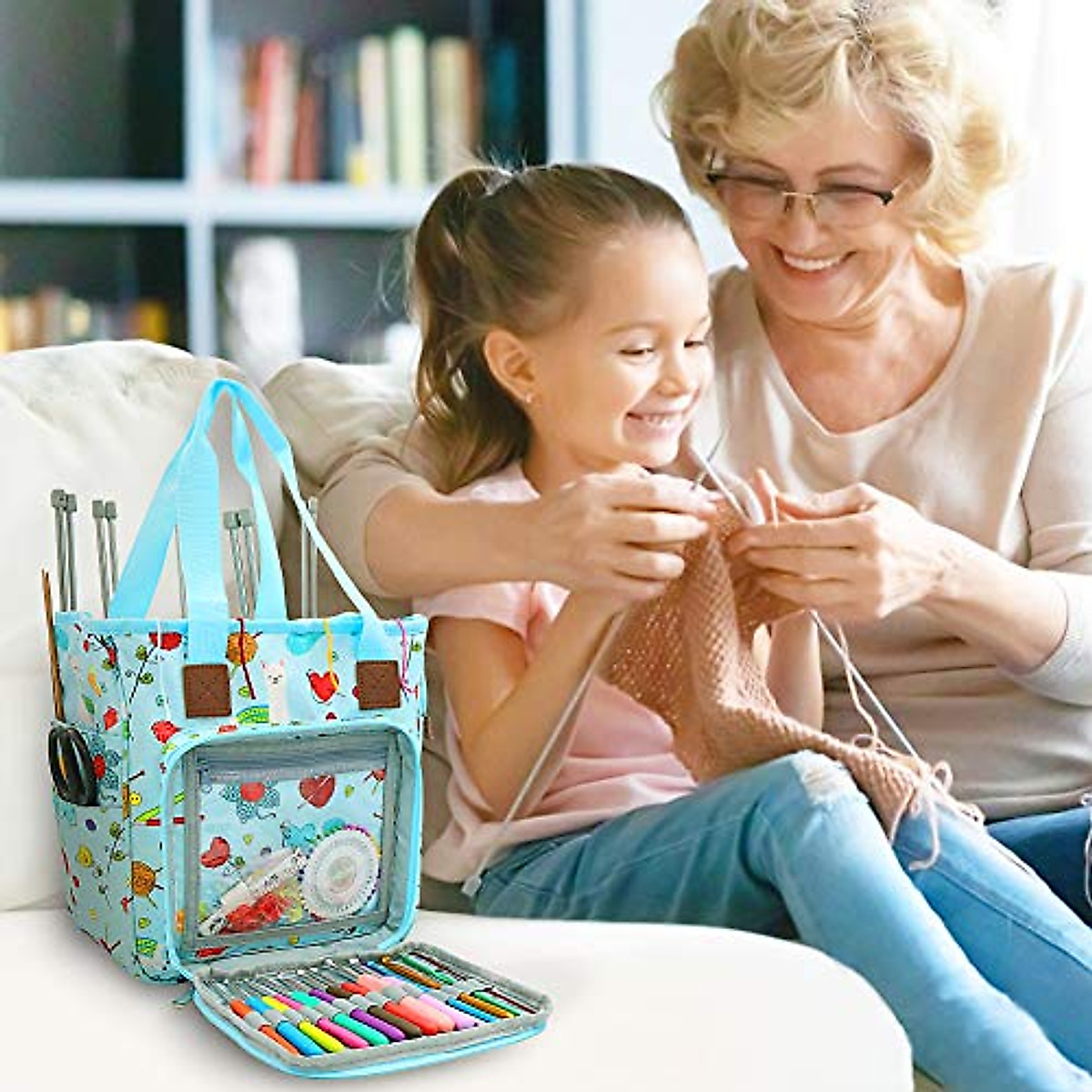 SumDirect Yarn Bag, Knitting Organizer Tote Bag Portable Storage Bag for Yarns, Carrying Projects, Knitting Needles, Crochet Hooks, Manuals and Other Accessories (Cute Blue)