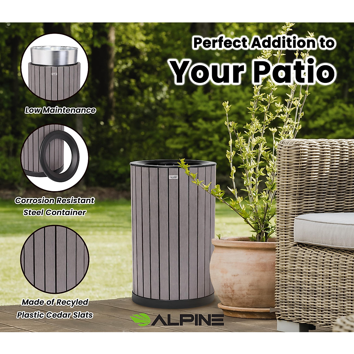 Alpine 32 Gallon Commercial Outdoor Trash Can - Heavy Duty Garbage Can Outdoor, Industrial Open Top Trash Can with Plastic Panels for Patio, Parks, Trails, Resorts (Flat Lid - Grey)