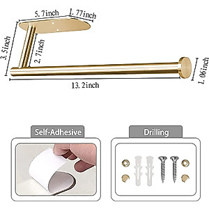 Paper Towel Holder Wall Mount，Aluminum Alloy Paper Towel Holder Sturdy and Durable ,Paper Towel Holder Under Cabinet ,Vertically or Horizontally Mount Both Available in Adhesive and Screws（Gold）