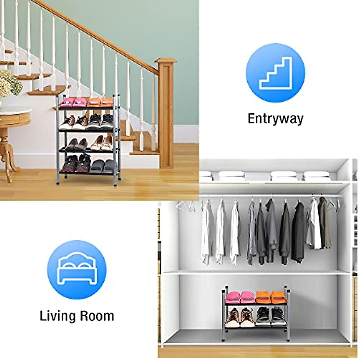 BESIMLI 2-Tier Expandable Shoe Rack Stackable Shoe Organizer Adjustable Metal Iron Shoe Shelf, Free Standing Storage for Closet Entryway Doorway Bedroom Footwear