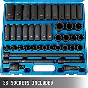 VEVOR Impact Socket Set 1/2 Inches 43 Piece Impact Sockets, Standard Socket Assortment, 1/2 Inches Drive Socket Set 6-Point Sockets Metric 9-30mm (Standard/Deep)
